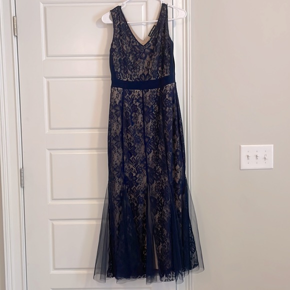 Dresses | Navy Blue Fit Flare Maxi Dress With Nude Underlay | Poshmark